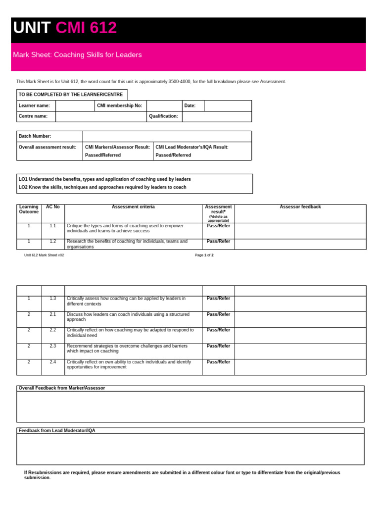CMI 612 Coaching Skills Mark Sheet | PDF | Learning | Cognition