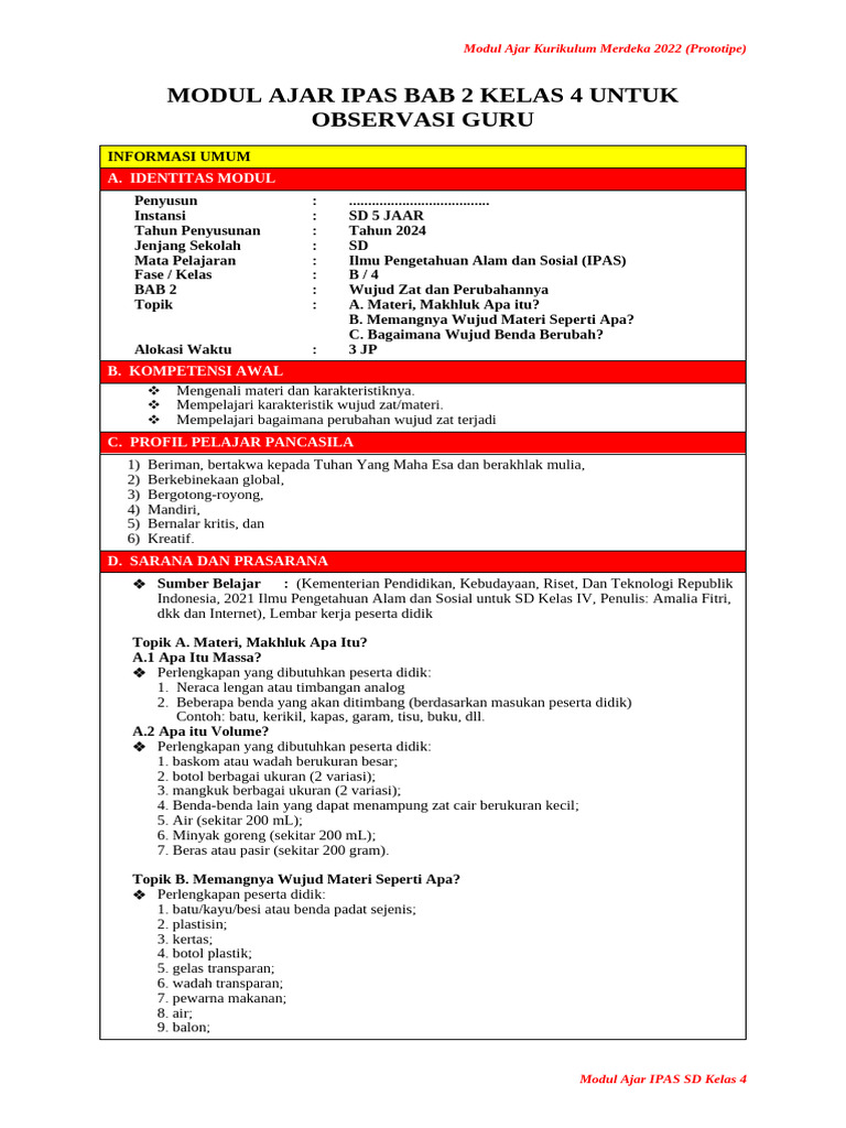 Modul Ajar Ipas Bab 2 Kelas 4 Untuk Observasi Singkat | PDF