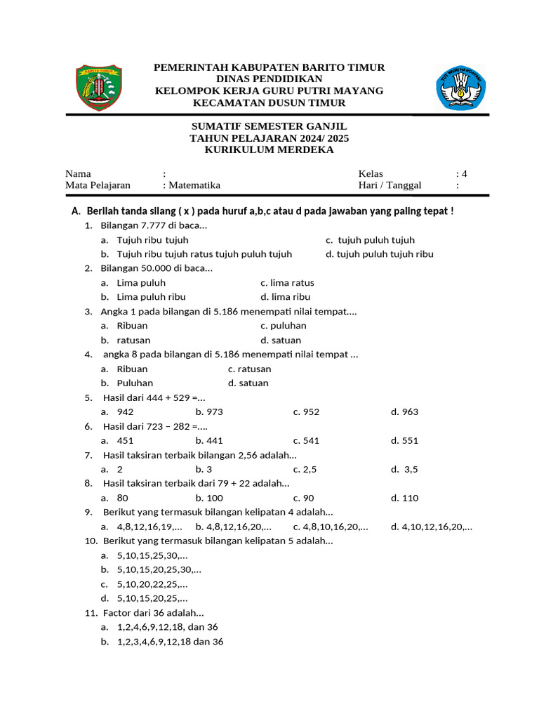 soal PAS mtk kls 4 | PDF