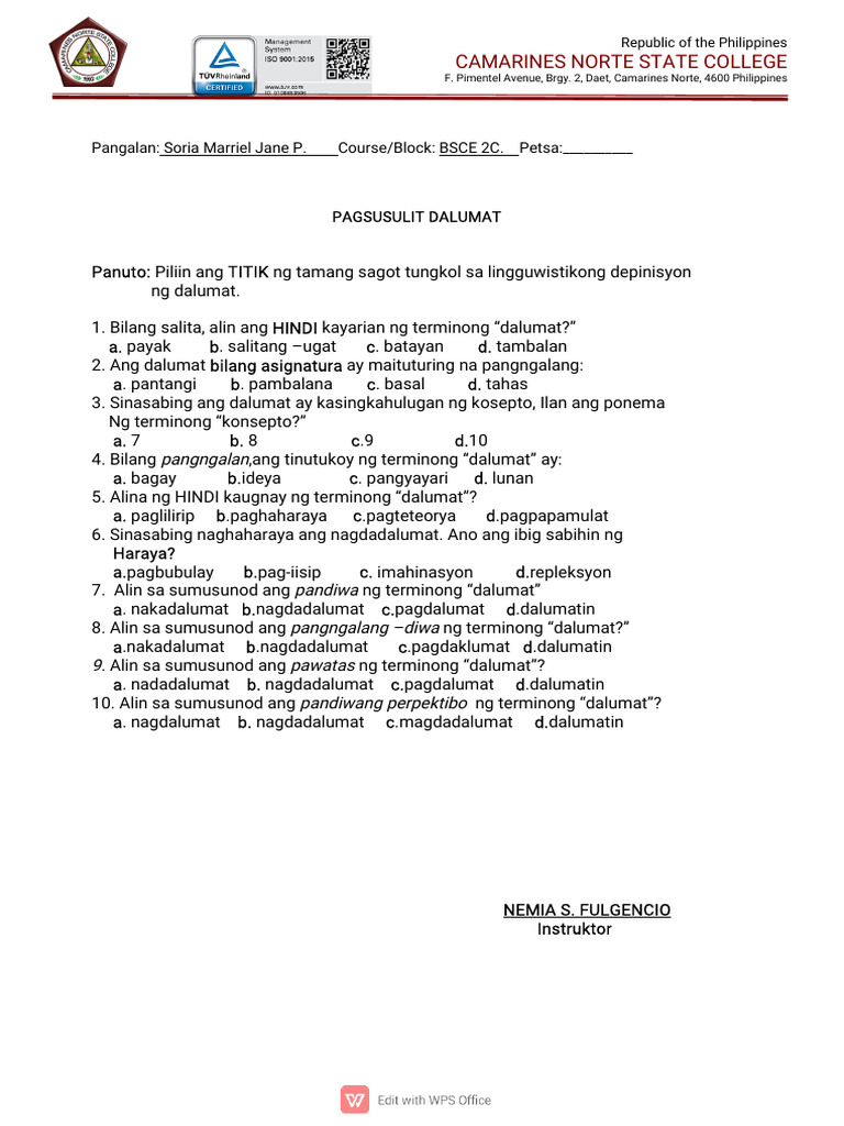 Share Pagsusulit Dalumat 2020 | PDF