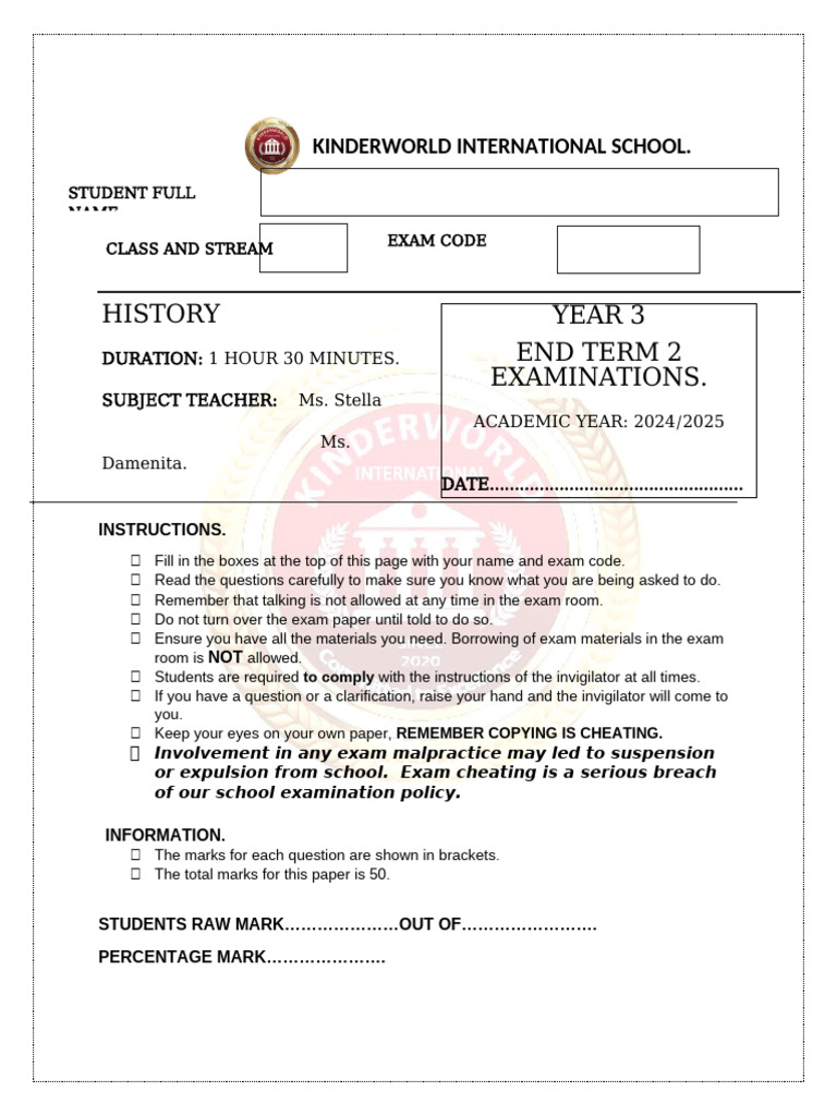 Year 3 History Exam Paper 2024/2025 | PDF