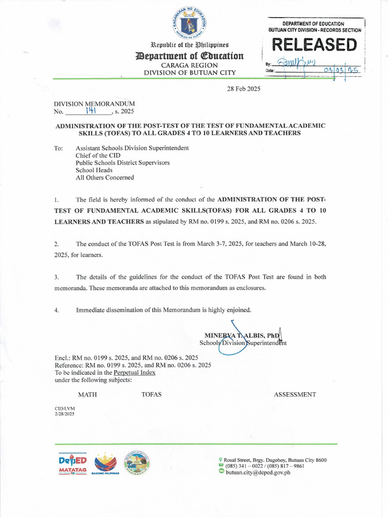 DivMemo141S2025 ADMINISTRATION OF THE POST TEST OF THE TEST OF ...