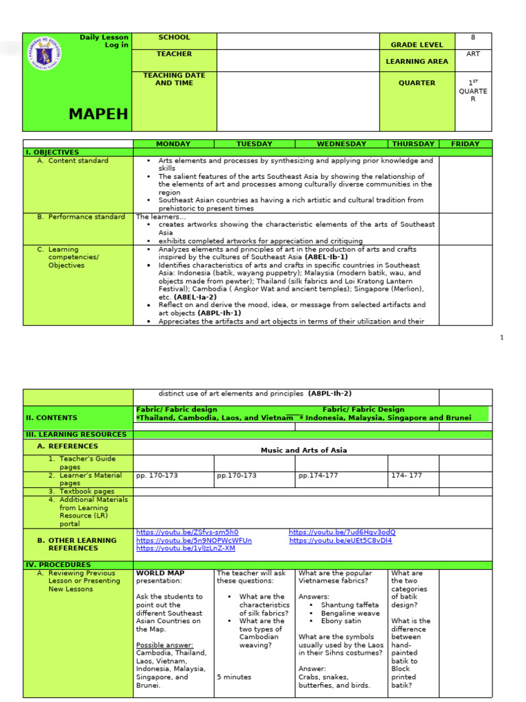 Q1 Grade 8 ARTS DLL Week 1 | PDF | Textile Arts | Textiles
