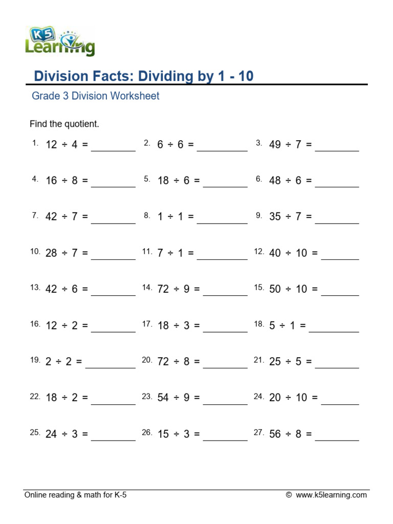 Grade 3 Division Worksheet - Dividing by 1-10 - Grade-3-Division-Facts ...