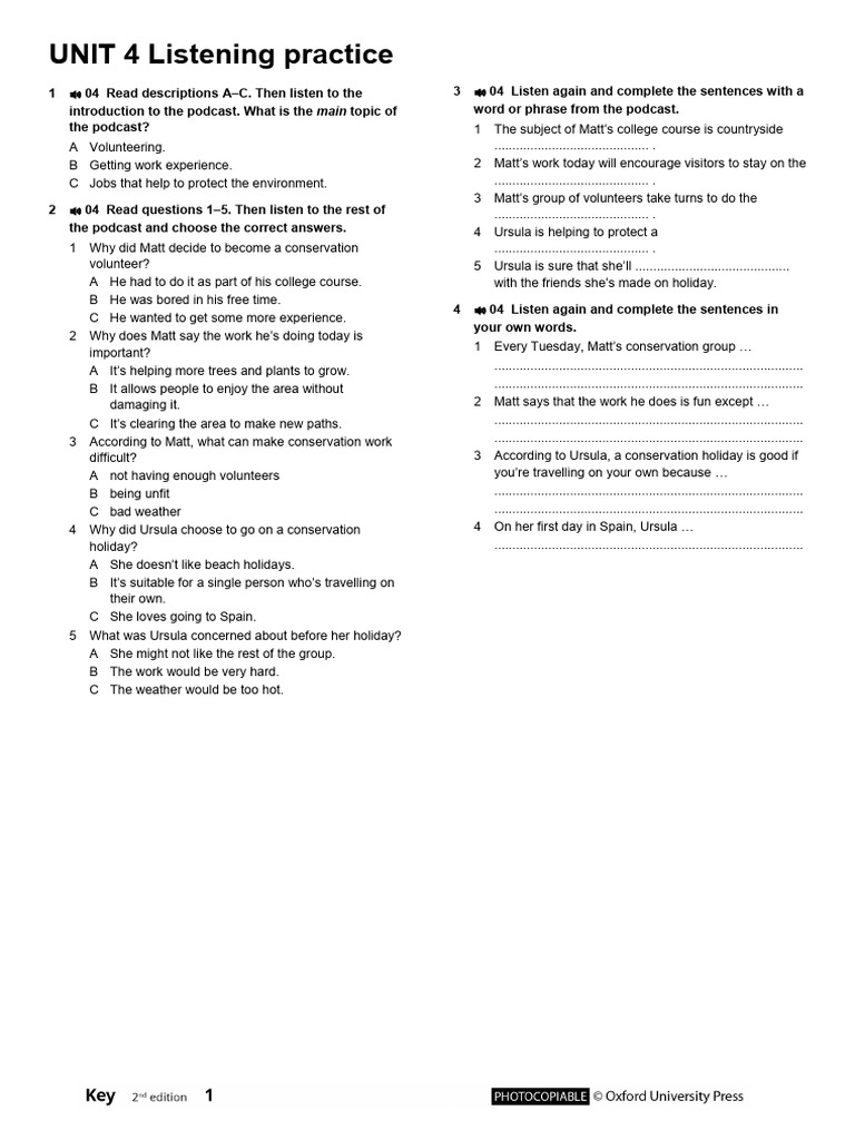 Key2e_L1_worksheets_listening_unit_4 | PDF | Linguistics