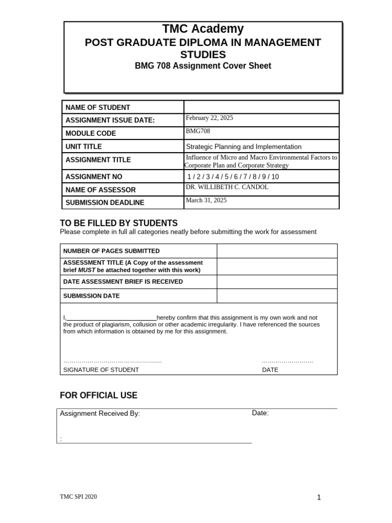 5 - ASSIGNMENT - BMG708 Strategic Planning and Implementation ...