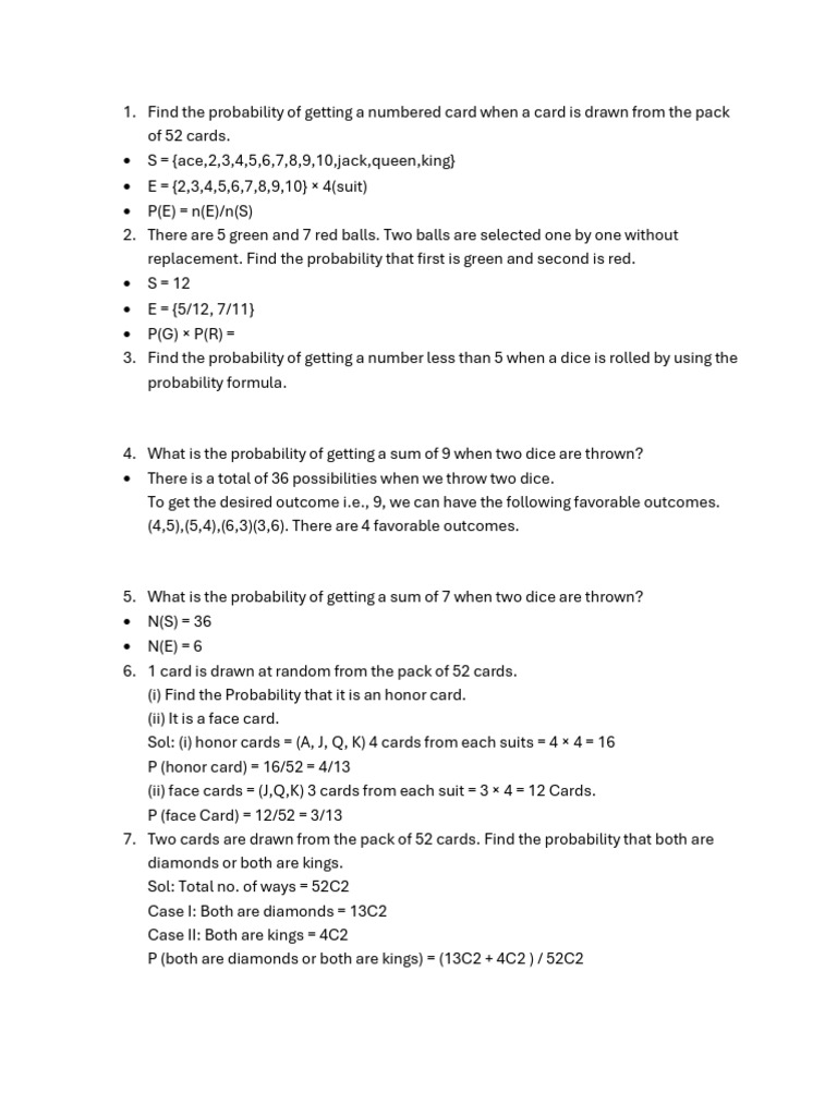 Probability Calculations for Cards and Dice | PDF