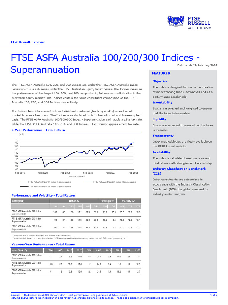 FTSE ASFA Australia 100 200 300 Indice Superannuation Factsheet | PDF | Stock Market Index ...