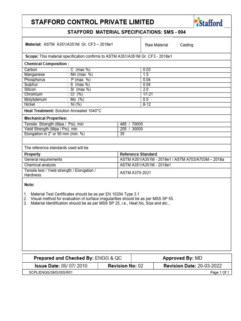 SMS 005 R02 ASTM A351 Gr. CF3 | PDF