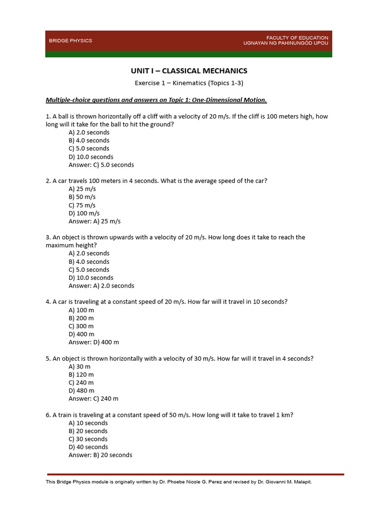 Module 1 Practice Exercises On Kinematics | PDF | Force | Acceleration
