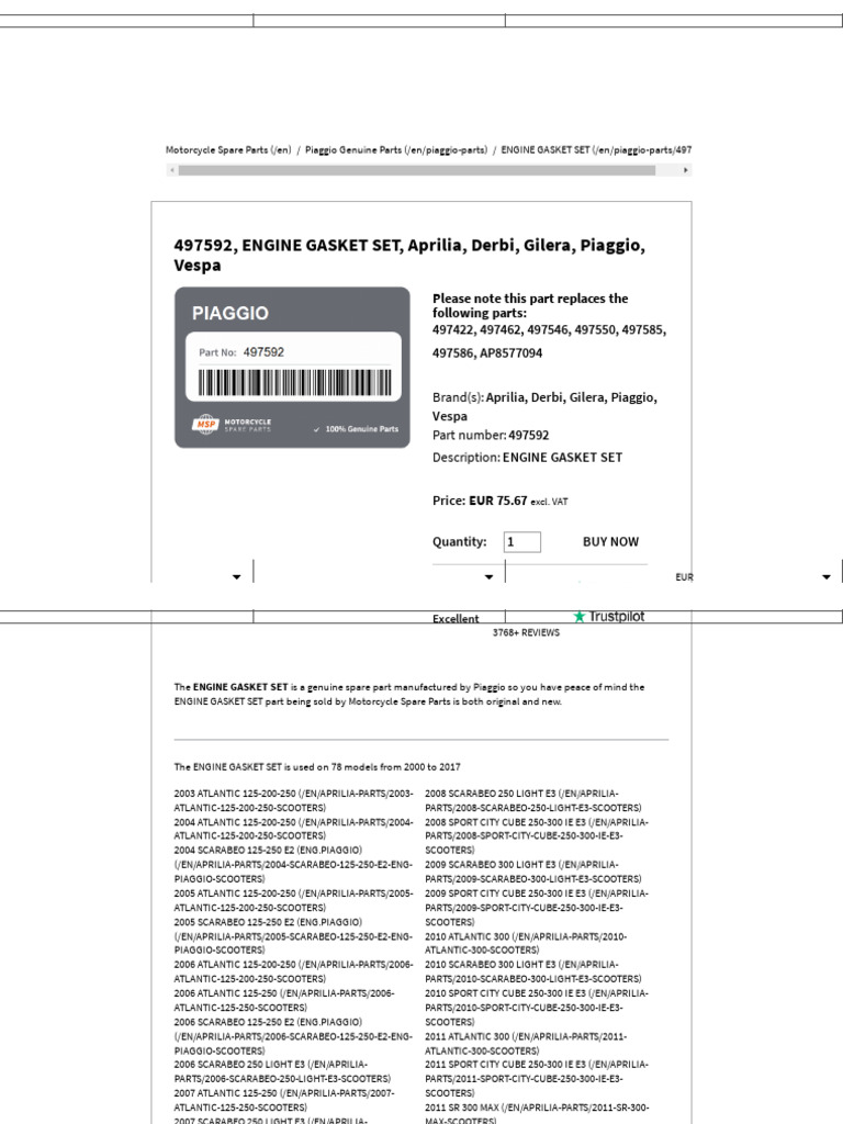 497592 ENGINE GASKET SET Part Piaggio - MSP | PDF