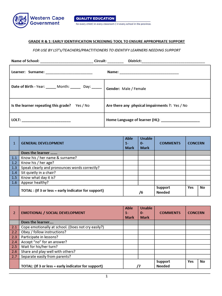 Grade R & 1 Screening Tool Guide | PDF | Cognitive Psychology | Psychology
