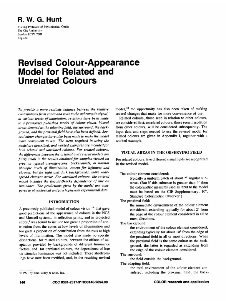 Revised Colour-Appearance Model For Related - and Unrelated Colours, Hunt (1991) | PDF | Color ...