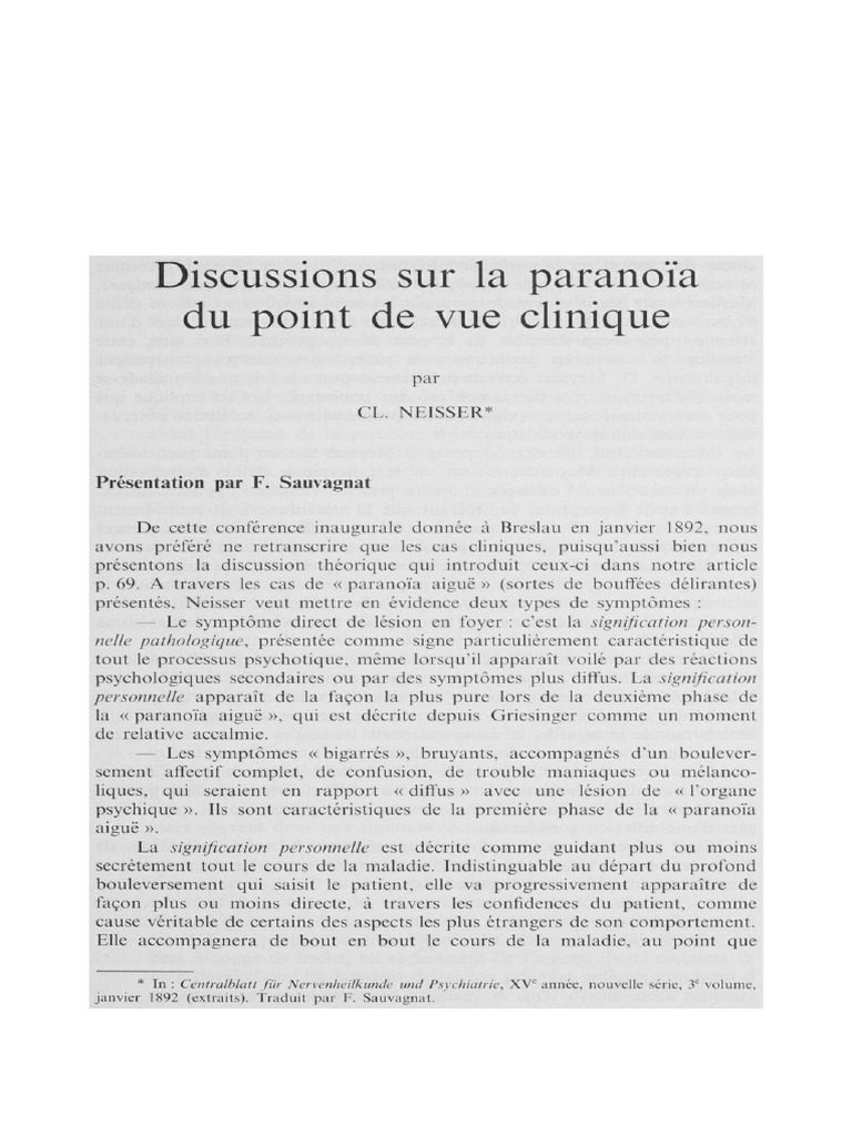 Discussions Sur La Paranoia Du Point de Vue Clinique | PDF
