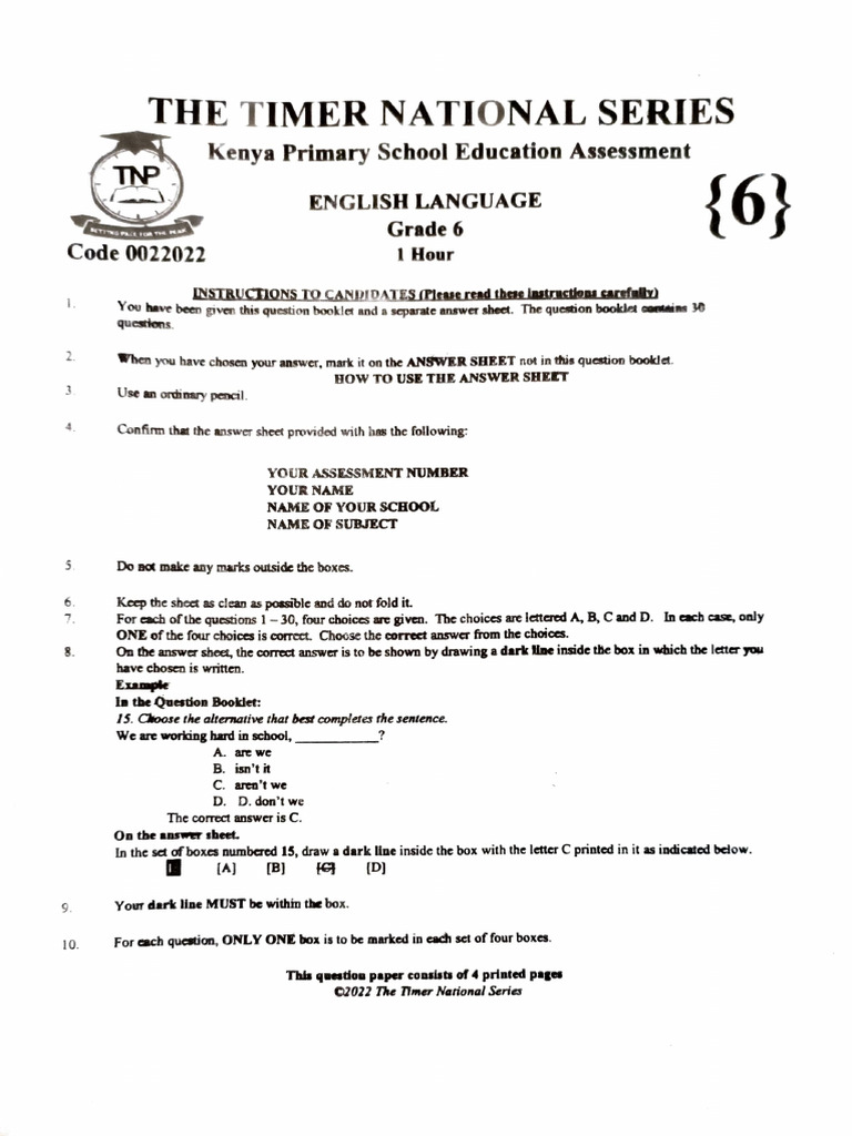 KPSEA Grade 6 Timer English-1 | PDF