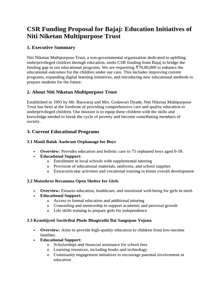 CSR Funding Proposal For Bajaj | PDF | Educational Technology | Science, Technology, Engineering ...