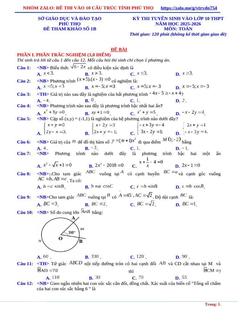 Thi Vao 10 24-25 - de So 1b - Kim Oanh | PDF