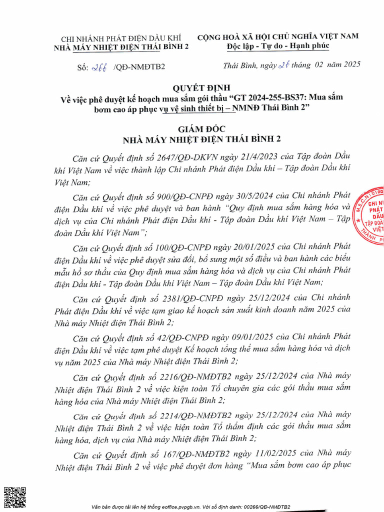 QĐ 266 Vv Phê Duyệt KHMS Gói Thầu GT 2024-255-BS37 Mua Sắm Bơm Cao Áp Phục Vụ Vệ Sinh Thiết Bị | PDF