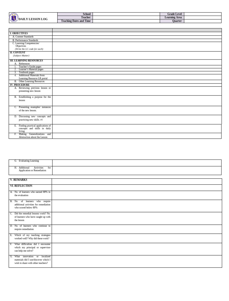 Daily Lesson Log Template for Teachers | PDF
