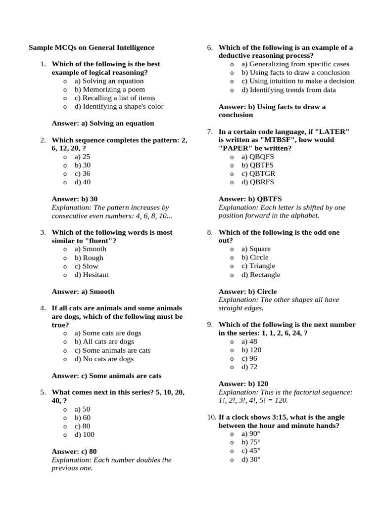 Sample MCQs On General Intelligence | PDF | Elementary Geometry | Euclidean Geometry
