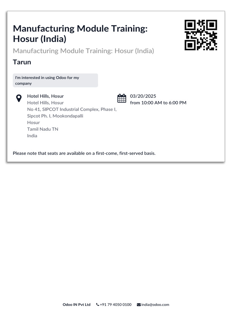 Tickets - Manufacturing Module Training_ Hosur (India) (Mar 20, 2025 ...