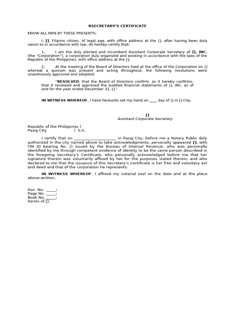 Secretary's Certificate - AFS Board Approval | PDF