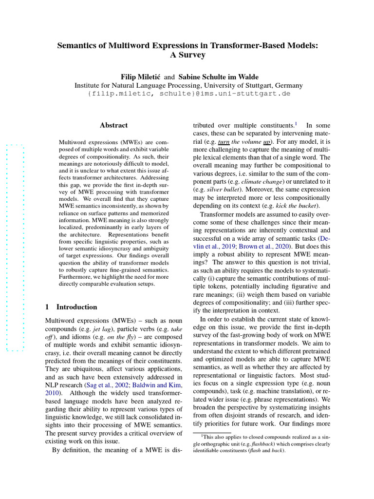 2024 - Semantics of Multiword Expressions in Transformer-Based Models - Miletić - Walde - Arxiv ...