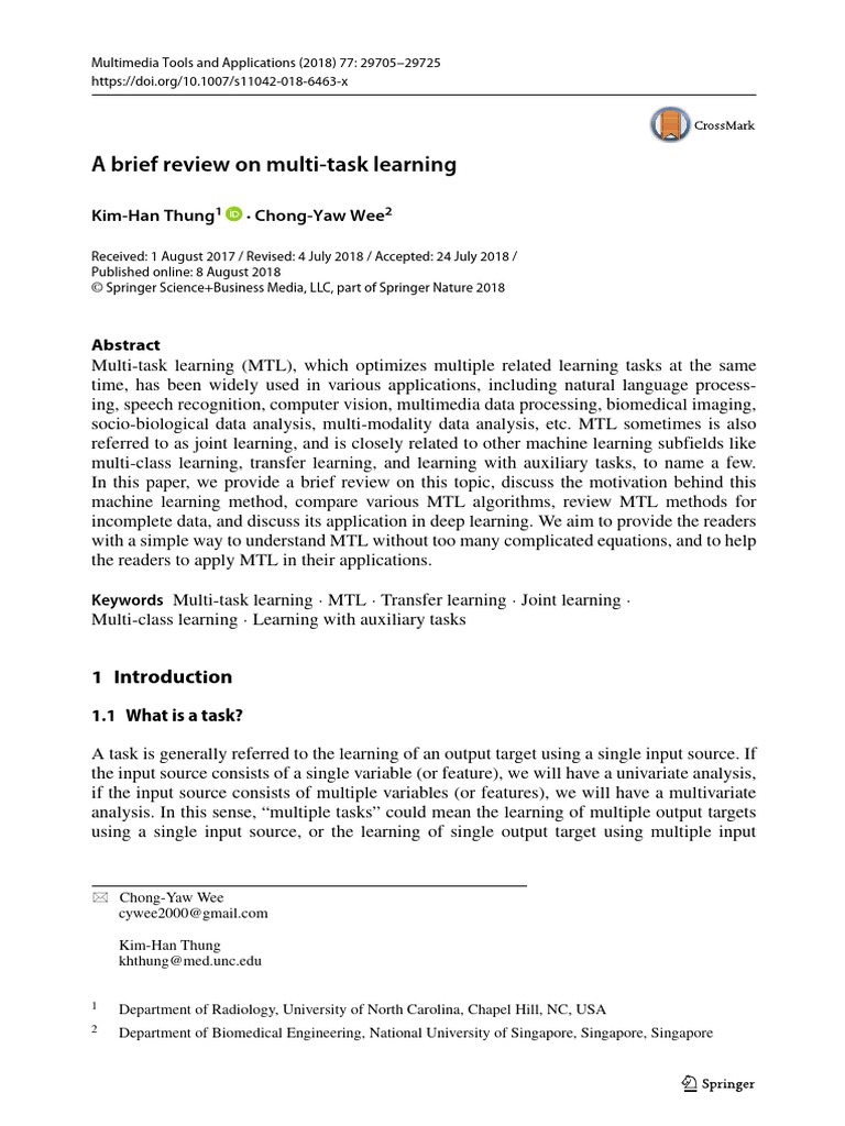 2018_A brief review on multi-task learning_Thung_Wee_Multimedia Tools and Applications | PDF ...