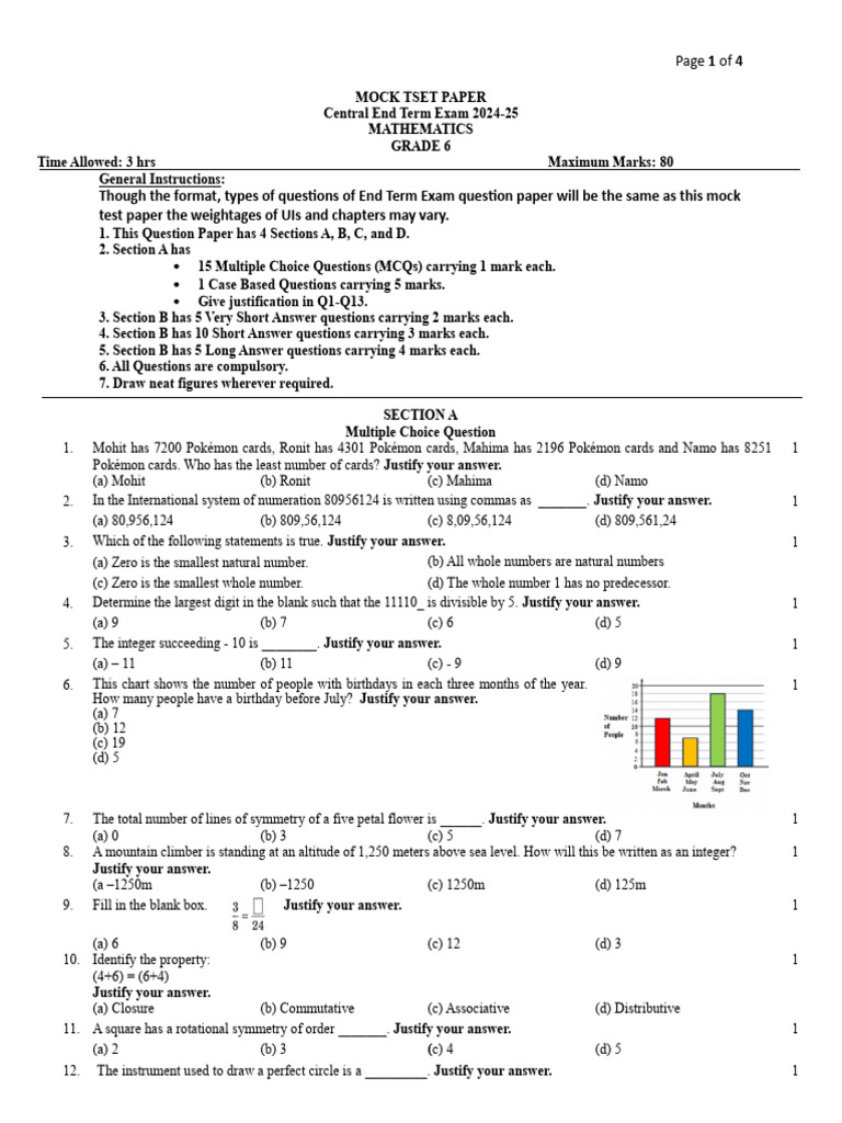 Grade 6 Mathematics Mock Test 2024-25 | PDF | Mathematics | Euclidean ...