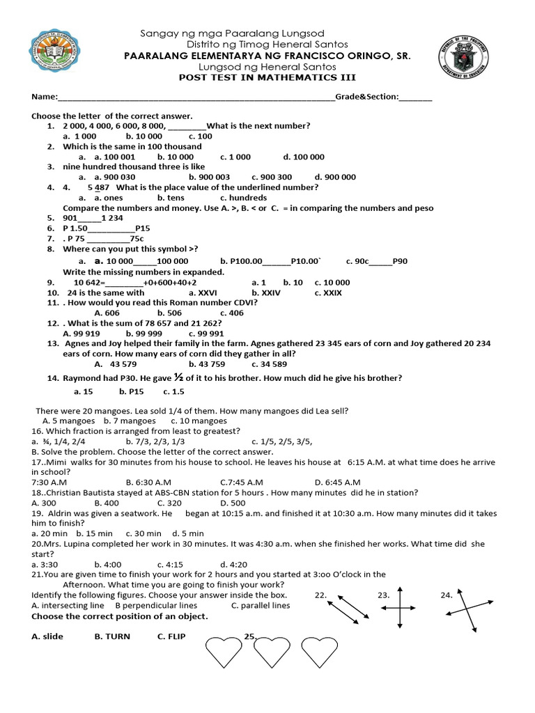 Post Test in Math III 1 | PDF | Mathematics