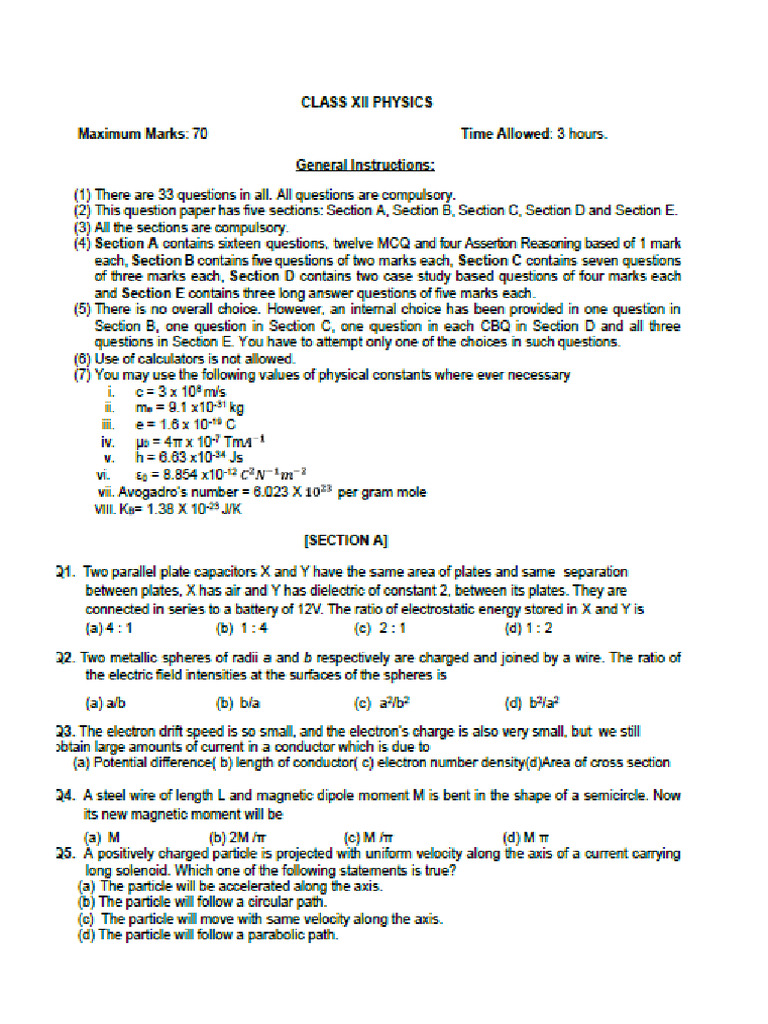 MSD - XII Practice Paper II Physice | PDF