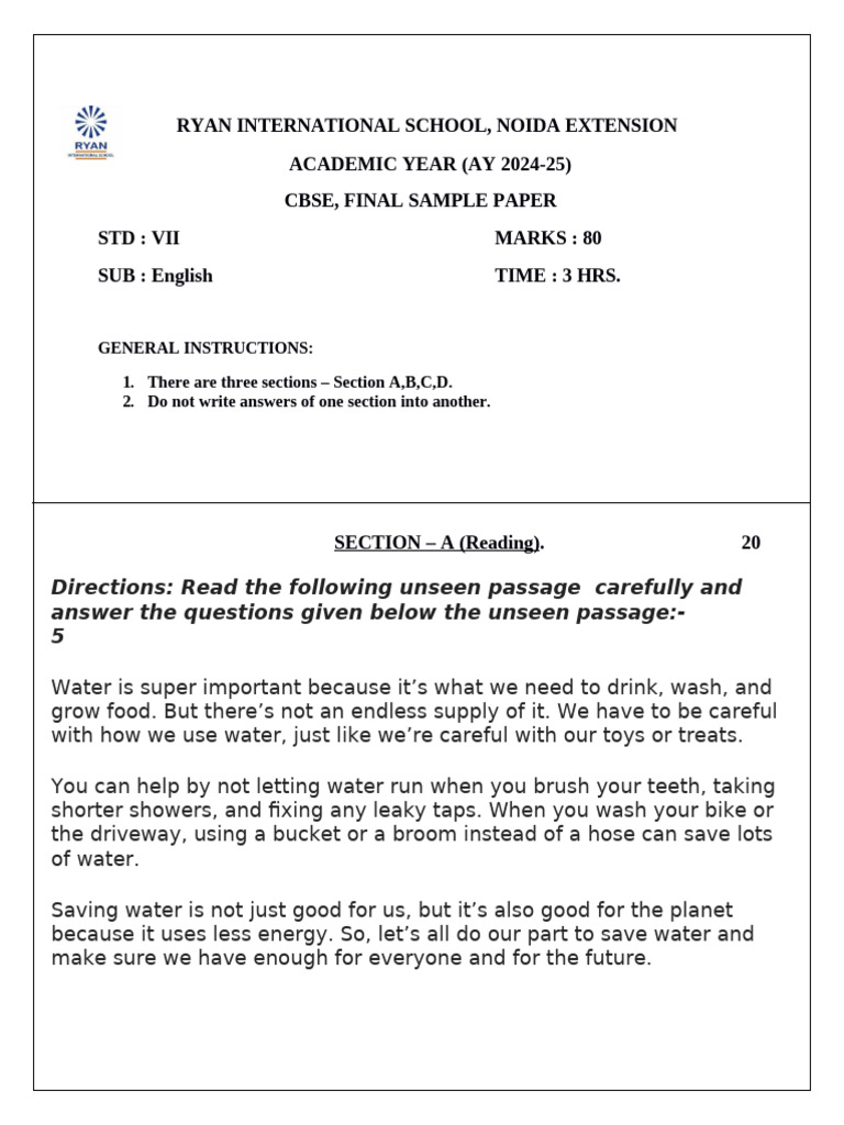 Class 7 English Sample Paper 2024-25 | PDF