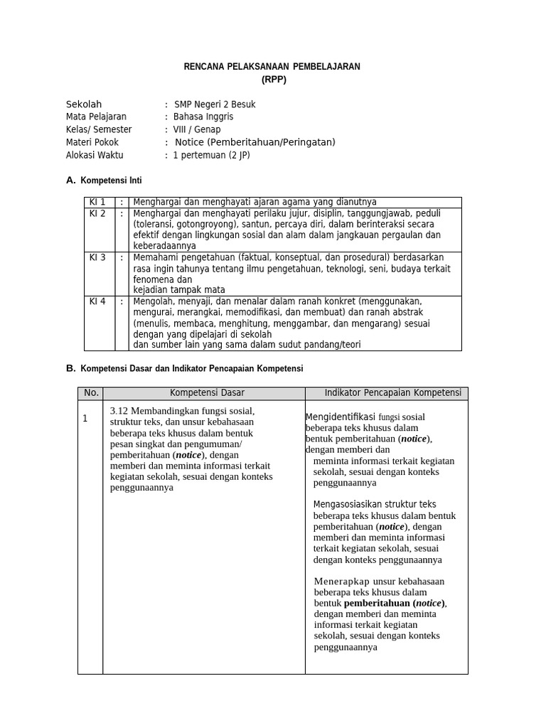 RPP Bahasa Inggris: Materi Notice | PDF