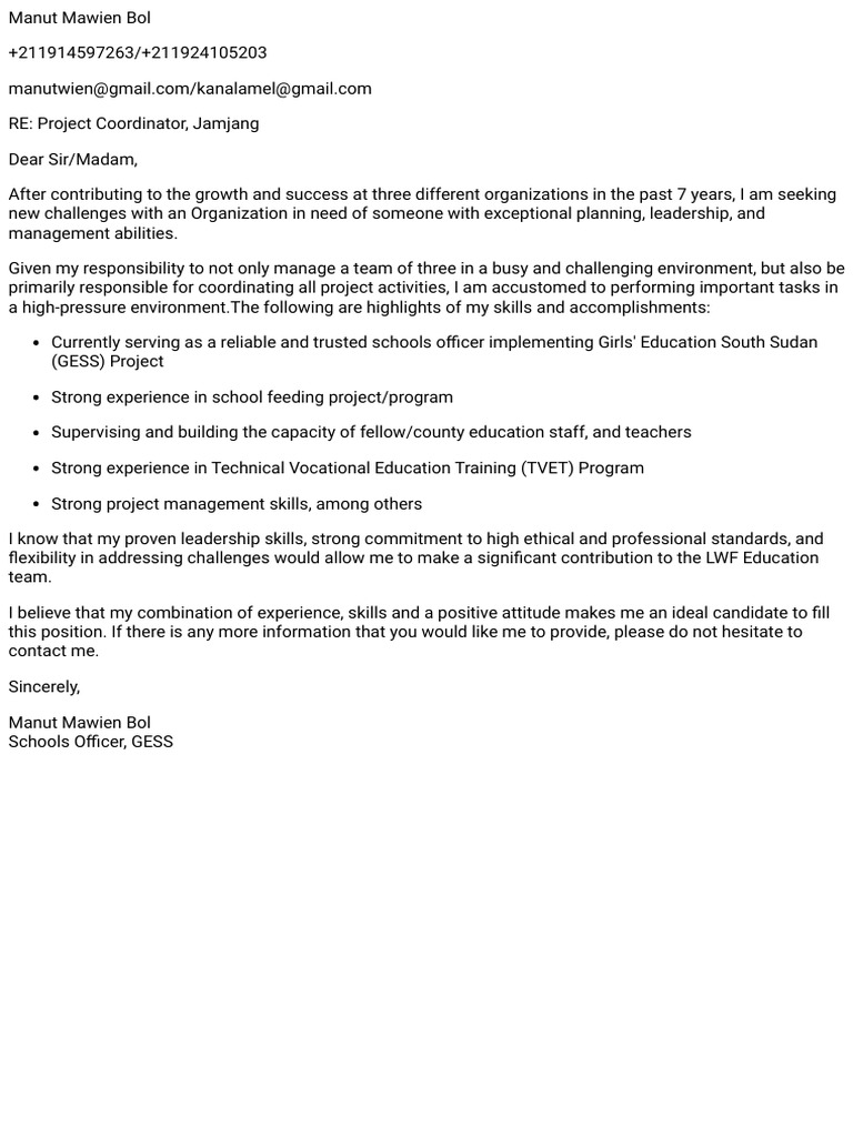 Cover Letter LWF | PDF