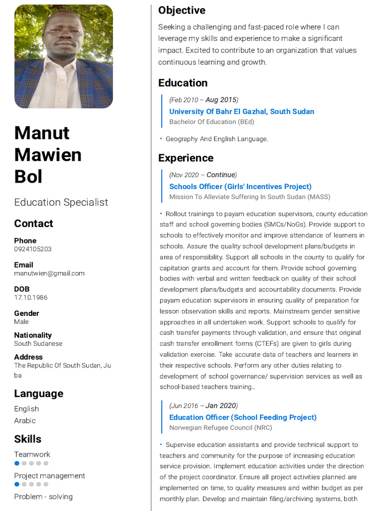 Education Specialist Resume: Manut Mawien | PDF