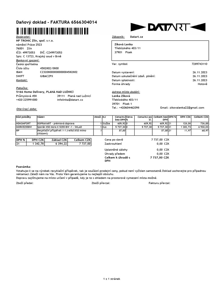 Daňový Doklad - FAKTURA 6566304014: HP TRONIC Zlín, Spol. S R.O. Zíková Lenka Datart - CZ | PDF