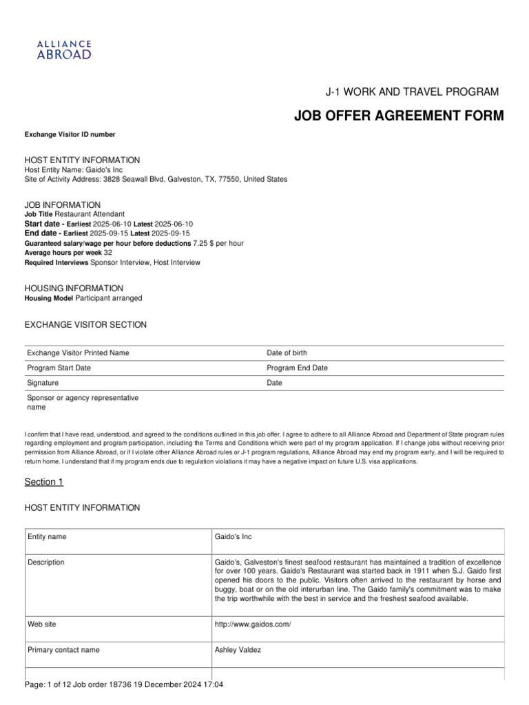 Offer Letter - 18736 - Gaido's Inc - Restaurant Attendant | PDF ...