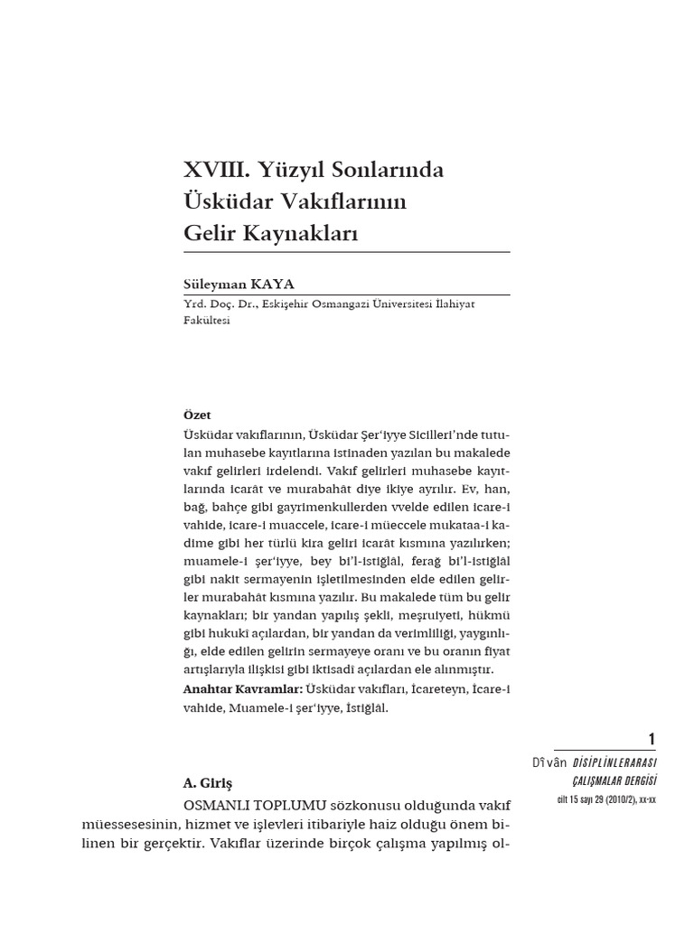 XVIII Yuzyil Uskudar Vakiflarinin Gelir | PDF