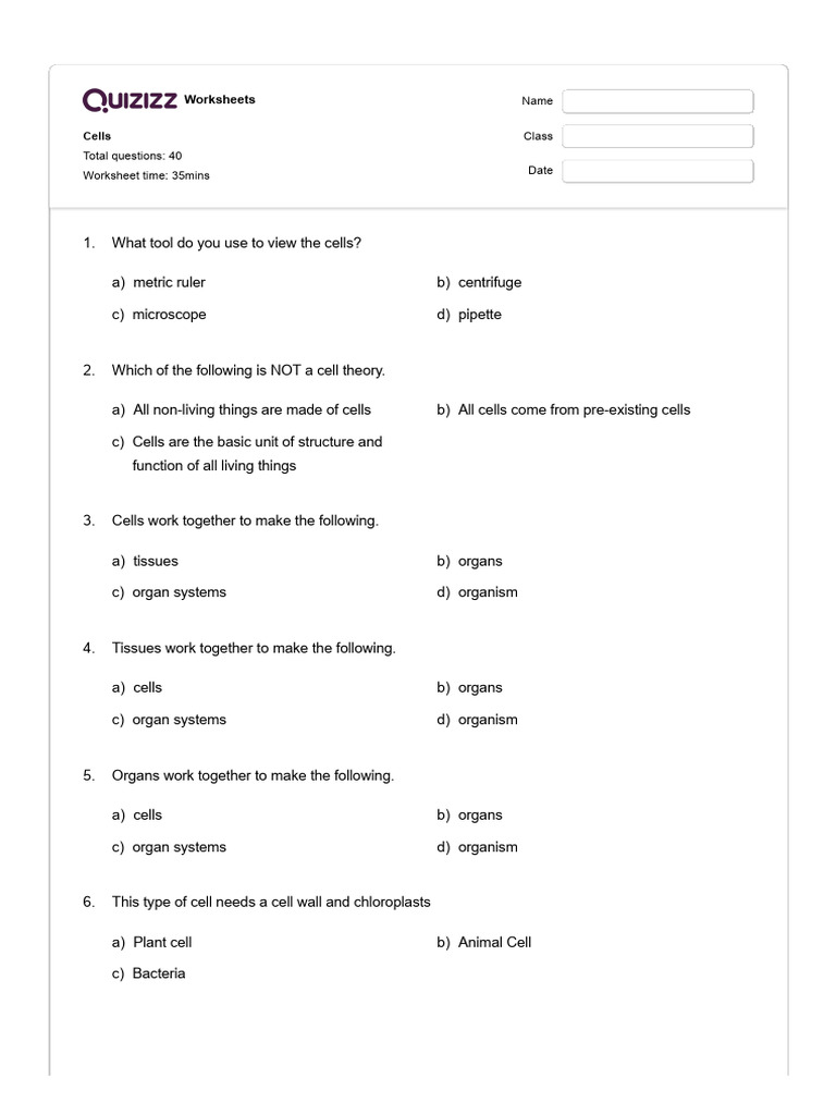G5 Cells - Quizizz With Ans Key | PDF | Cell (Biology) | Cytoplasm