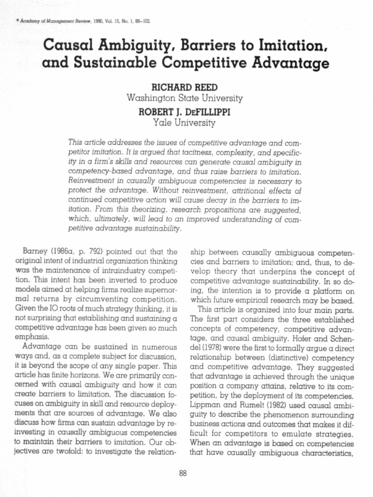 Causal Ambiguity, Barriers to Imitation, And Sustainable Competitive ...