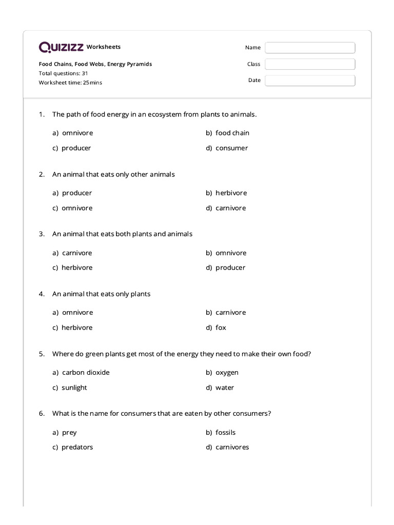 G8 Food Chains, Food Webs, Energy Pyramids - Quizizz With Ans Key | PDF ...