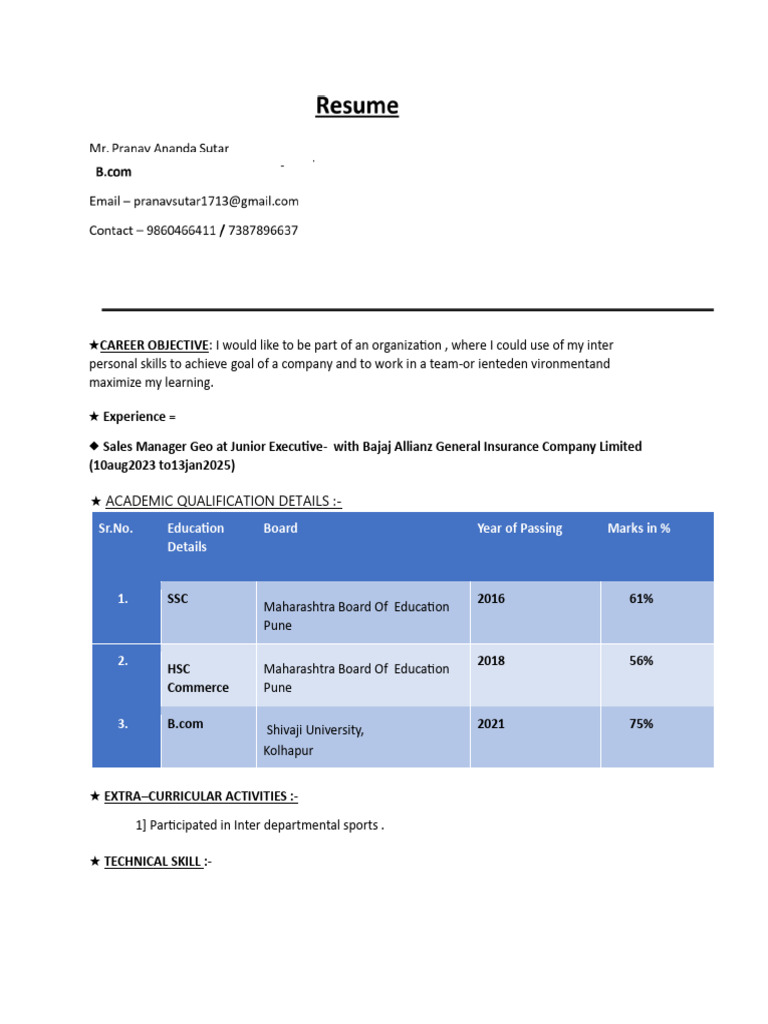 Shine Pranav Ananda Sutar 2yrs 6m Kolhapur 2.50 LPA Sales Manager | PDF