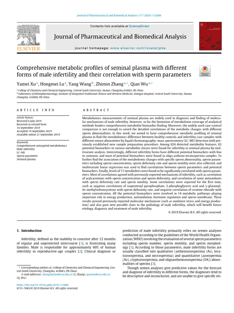 Comprehensive Metabolic Profiles of Seminal Plasma With Different | PDF | Metabolomics | Infertility