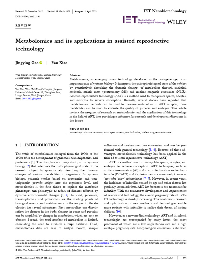 Metabolomics and Its Applications in Assisted Reproductive | PDF | Metabolomics | Liquid ...
