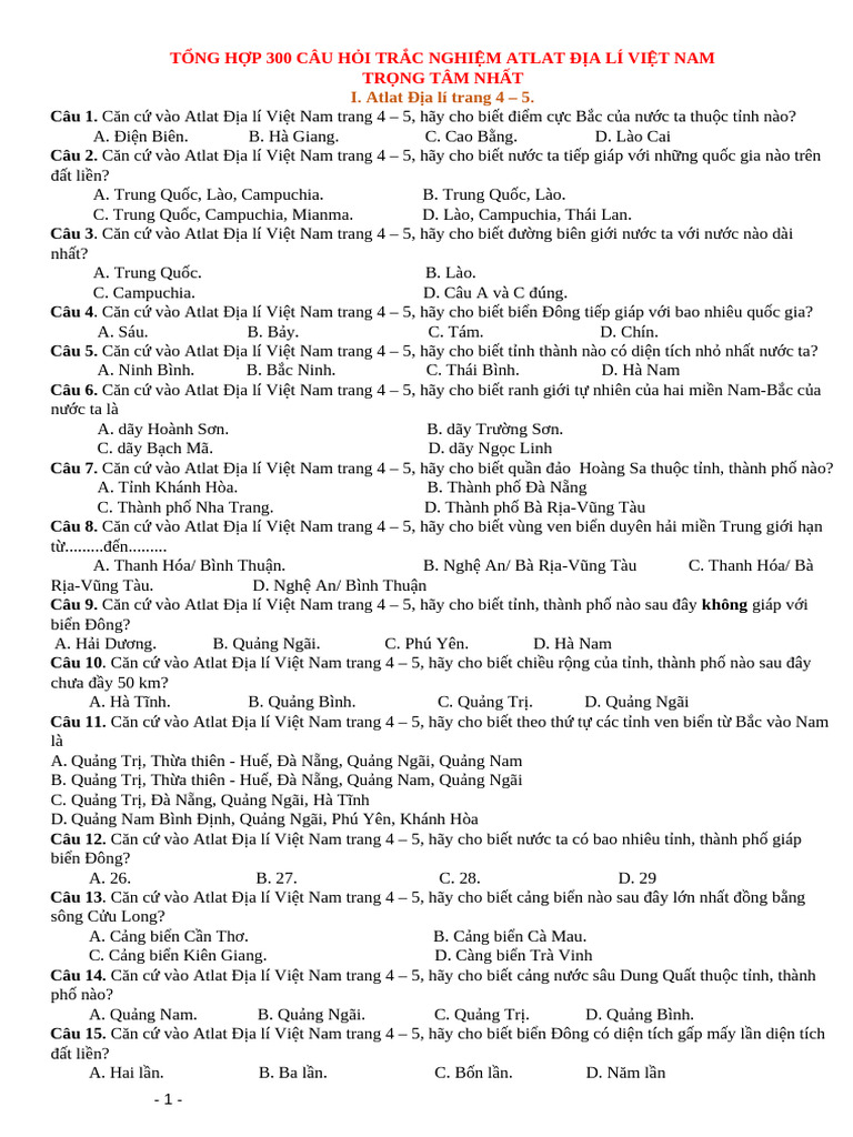 TONG-HOP-300-CAU-HOI-TN-ATLAT-DIA-LY-VIET-NAM (1) | PDF