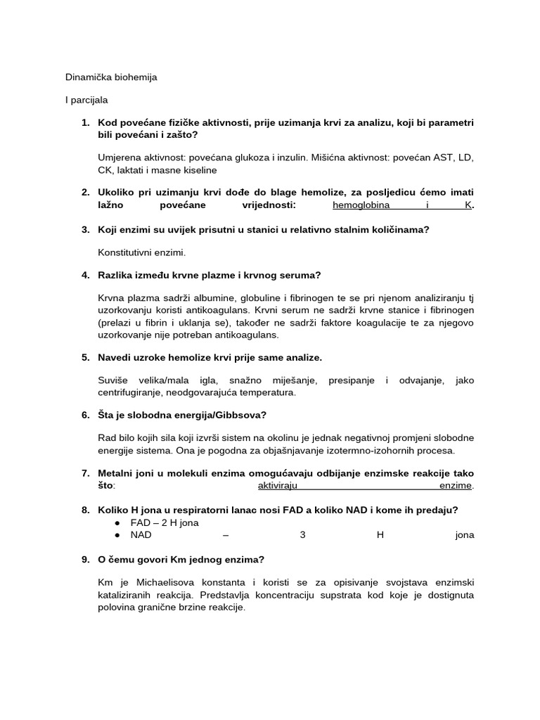 Dinamička Biohemija - I Parcijala (1) | PDF