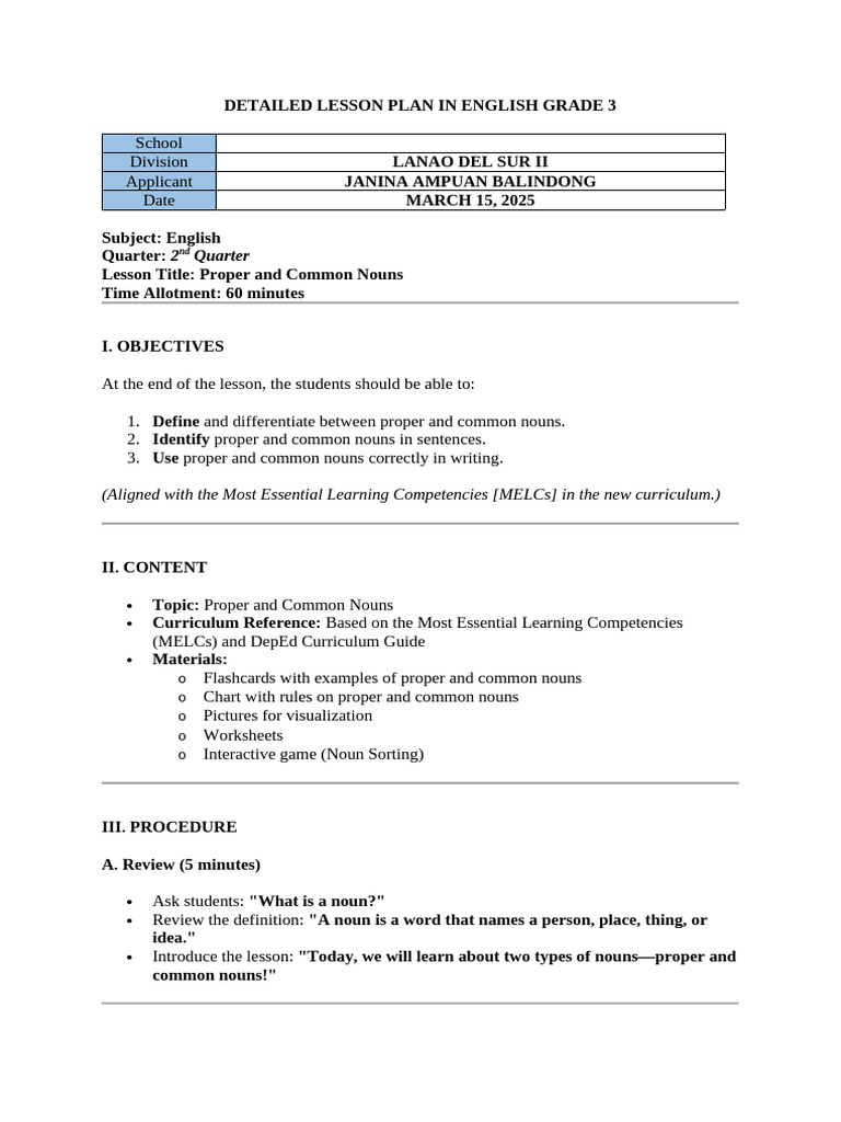 Proper Noun and Common Noun Grade 4 | PDF | Noun | Curriculum