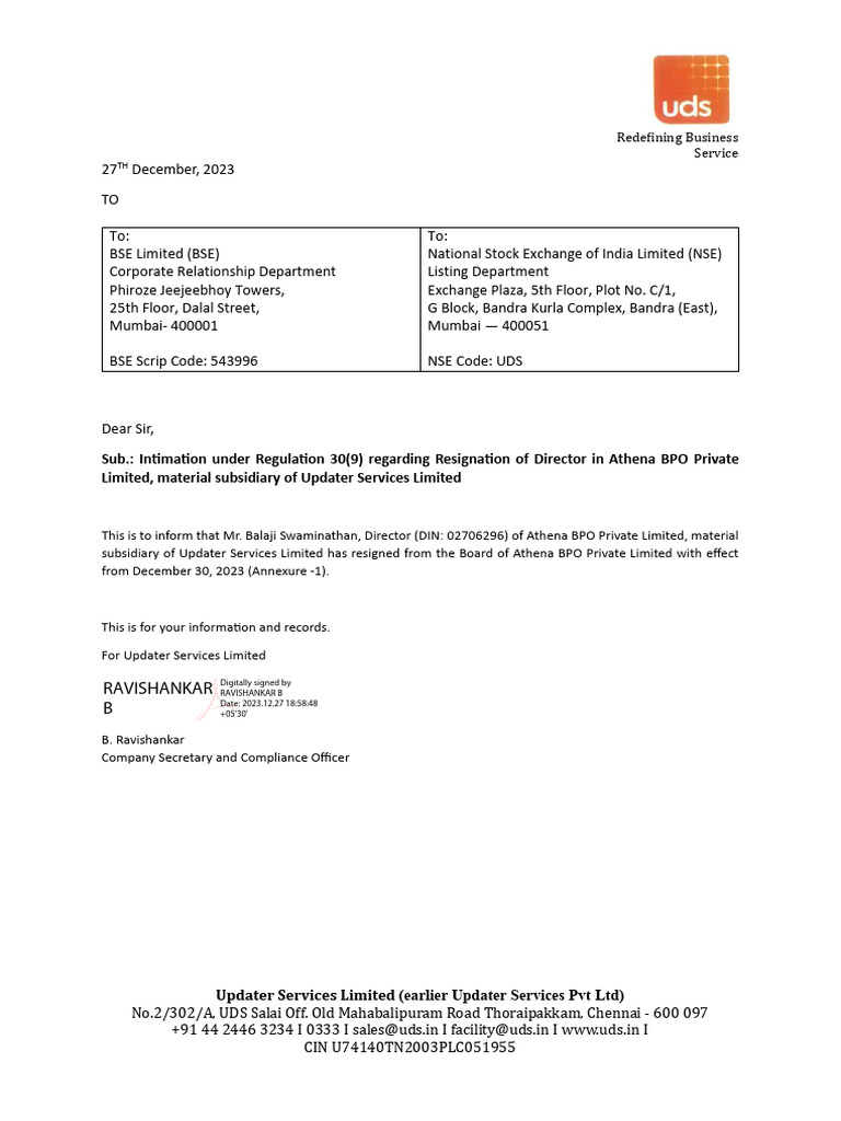 Athena Bpo PVT LTD Material Subsidiary Reg 30 9 Resignation of Director ...