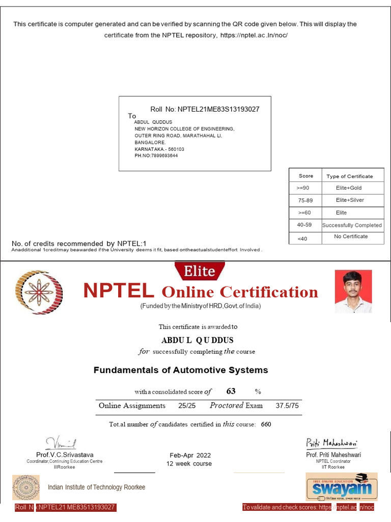 NPTEL Certificate: Automotive Systems Completion | PDF
