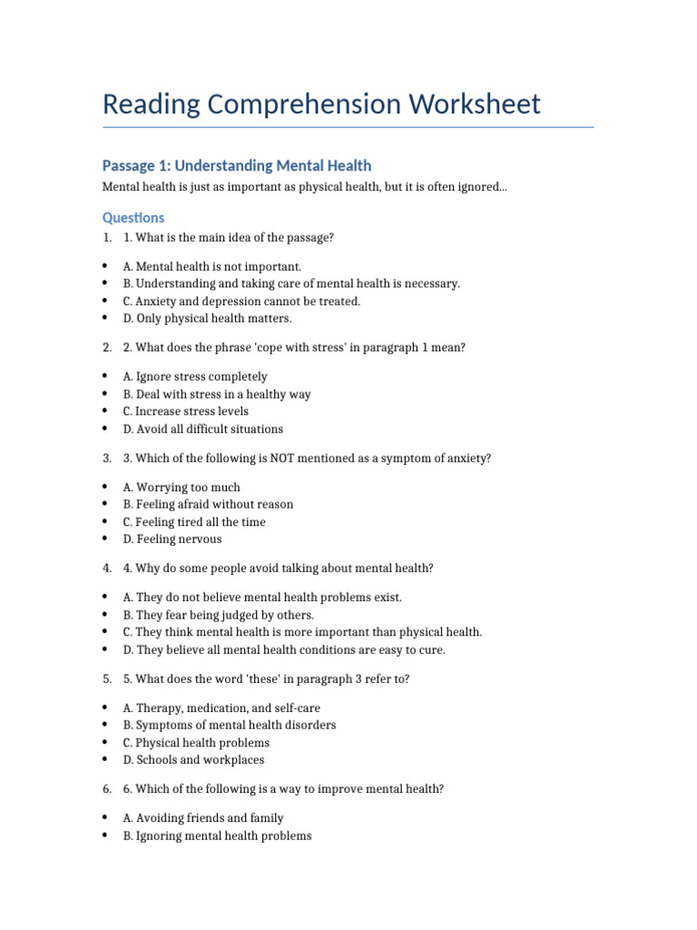 ..Reading Comprehension Mental Health | PDF | Mental Health | Mental ...